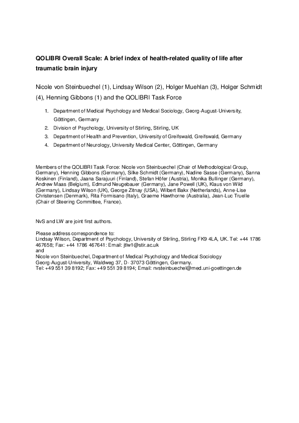 (PDF) Quality of Life after Brain Injury (QOLIBRI): Scale Development ...