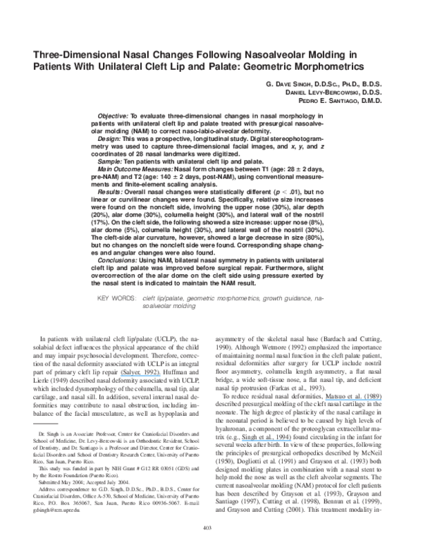 (PDF) Three-Dimensional Nasal Changes Following Nasoalveolar Molding in Patients With Unilateral ...