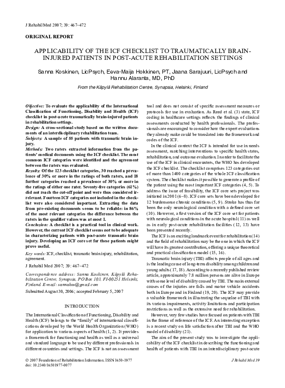 (PDF) Applicability of the ICF checklist to traumatically brain-injured ...