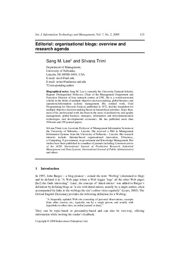 (PDF) Organizational Blogs: Overview and Research Agenda