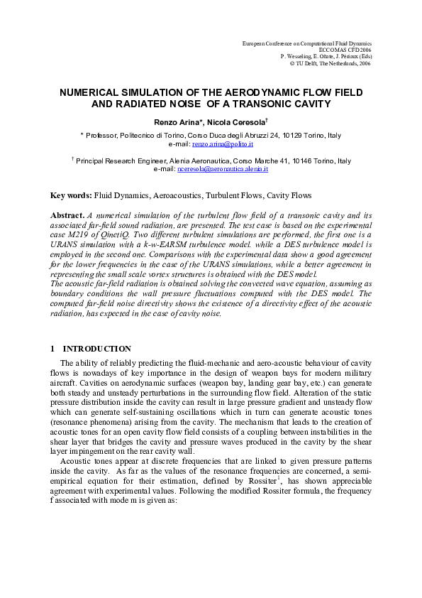 (PDF) Numerical simulation of the aerodynamic flow field and radiated noise of a transonic cavity