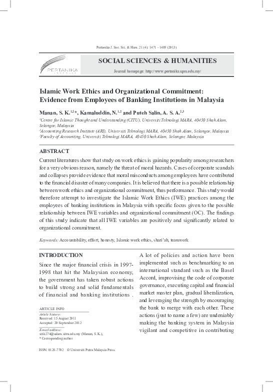 (PDF) Islamic Work Ethics and Organizational Commitment: Evidence from ...