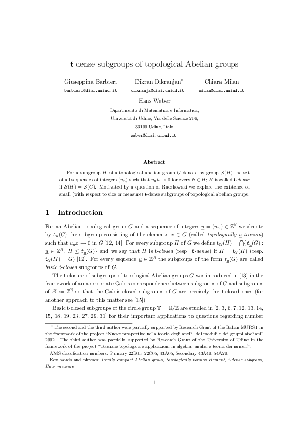 (PDF) t-dense subgroups of topological Abelian groups