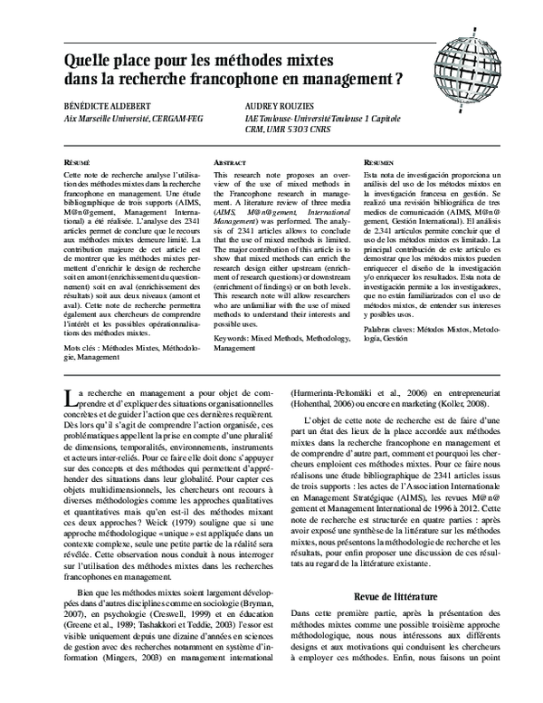 (PDF) Quelle place pour les méthodes mixtes dans la recherche ...