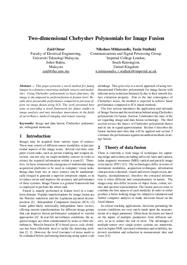 (PDF) Two-dimensional Chebyshev polynomials for image fusion