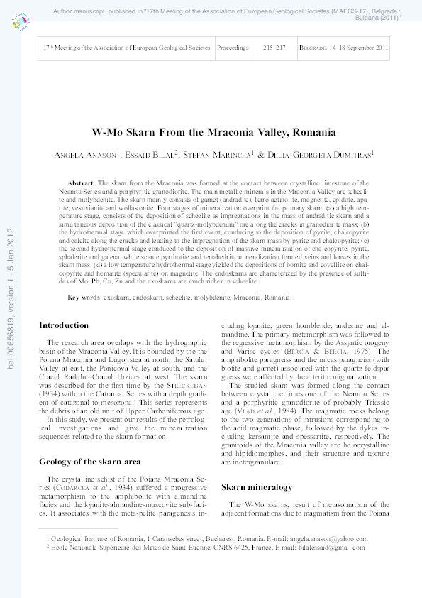 (PDF) W-Mo skarn from the Mraconia Valley, Romania