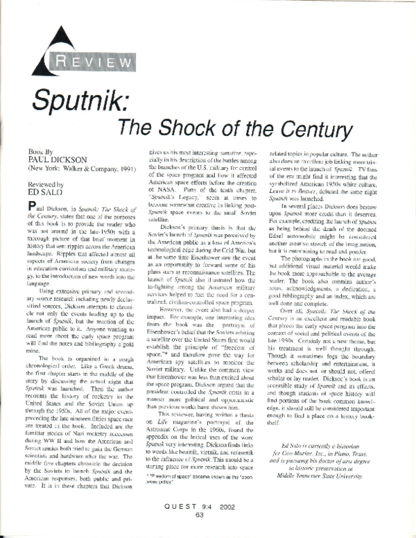 (PDF) Review of Sputnik: The Shock of the Century by Paul Dickson ...