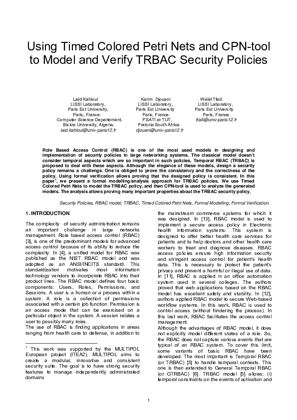 (PDF) Using Timed Colored Petri Nets and CPN-tool to Model and Verify TRBAC Security Policies