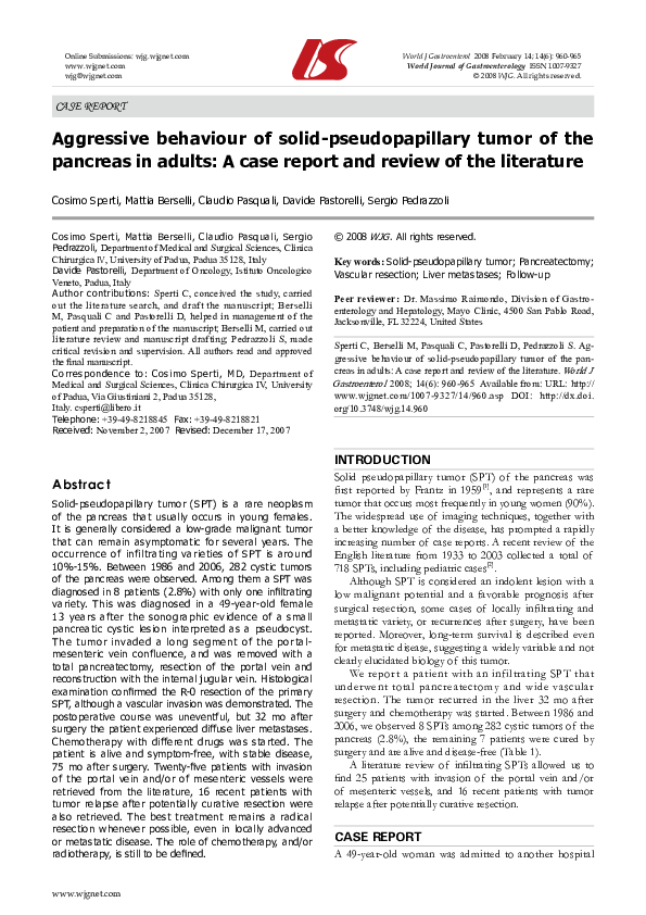 (PDF) Aggressive behaviour of solid-pseudopapillary tumor of the pancreas in adults: A case ...