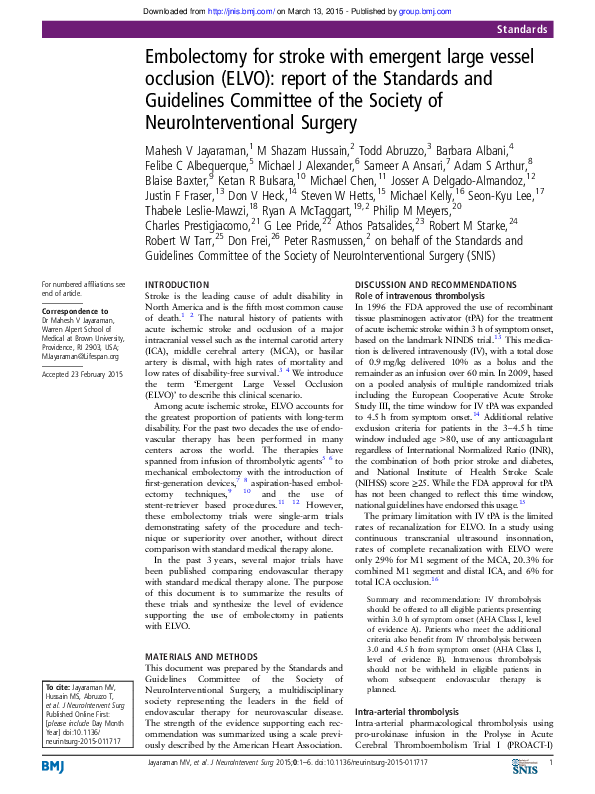 (PDF) Embolectomy for stroke with emergent large vessel occlusion (ELVO ...