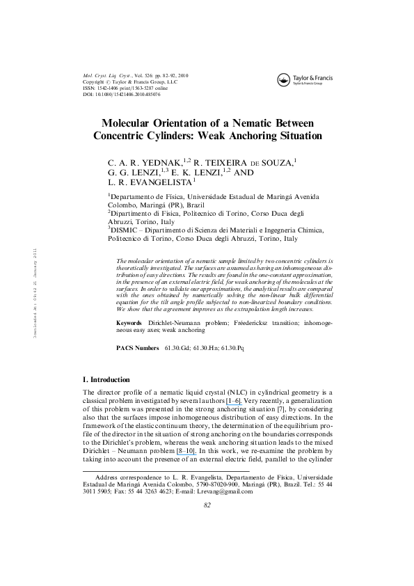 (PDF) Molecular Orientation of a Nematic Between Concentric Cylinders: Weak Anchoring Situation