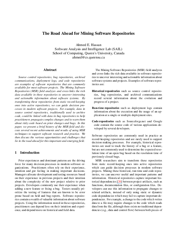 (PDF) The road ahead for Mining Software Repositories