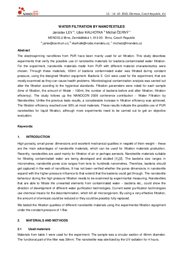 (PDF) WATER FILTRATION BY NANOTEXTILES