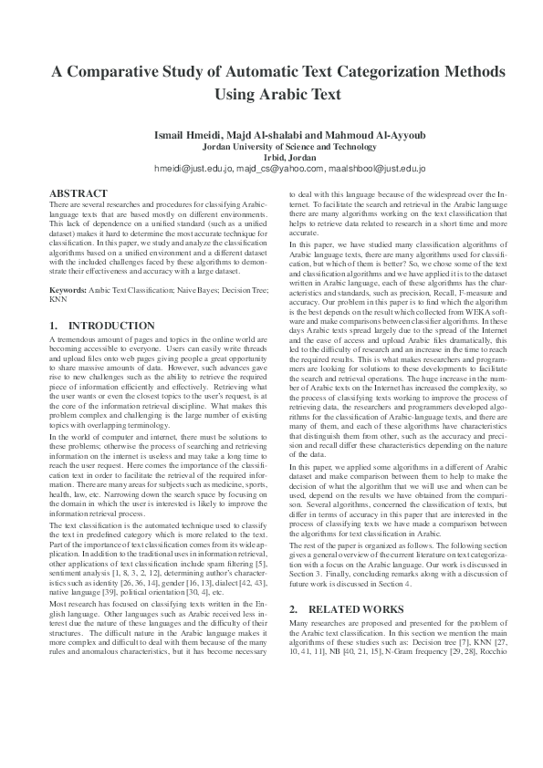 (PDF) A Comparative Study of Automatic Text Categorization Methods Using Arabic Text