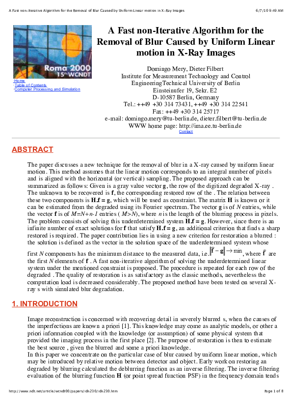 Pdf A Fast Non Iterative Algorithm For The Removal Of Blur Caused By Uniform Linear Motion In