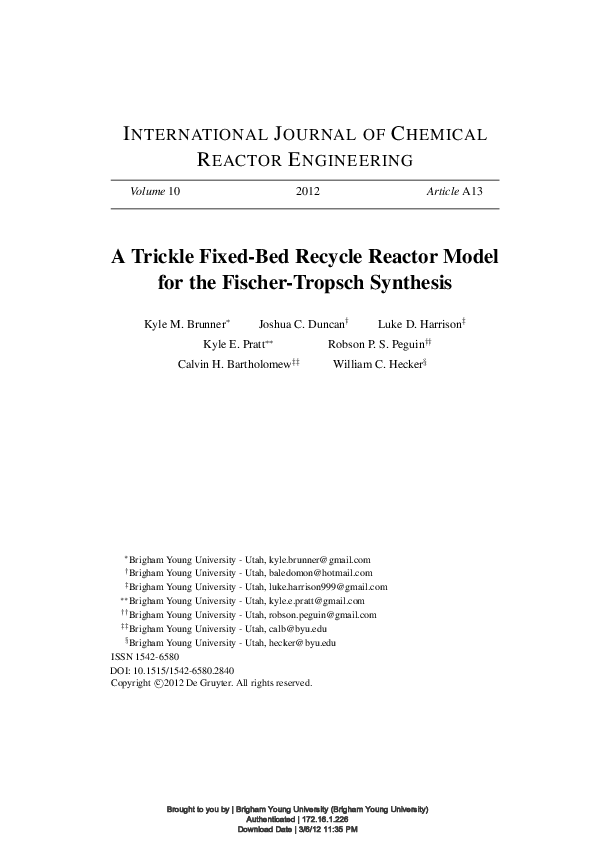 (PDF) A Trickle Fixed-Bed Recycle Reactor Model for the Fischer-Tropsch ...
