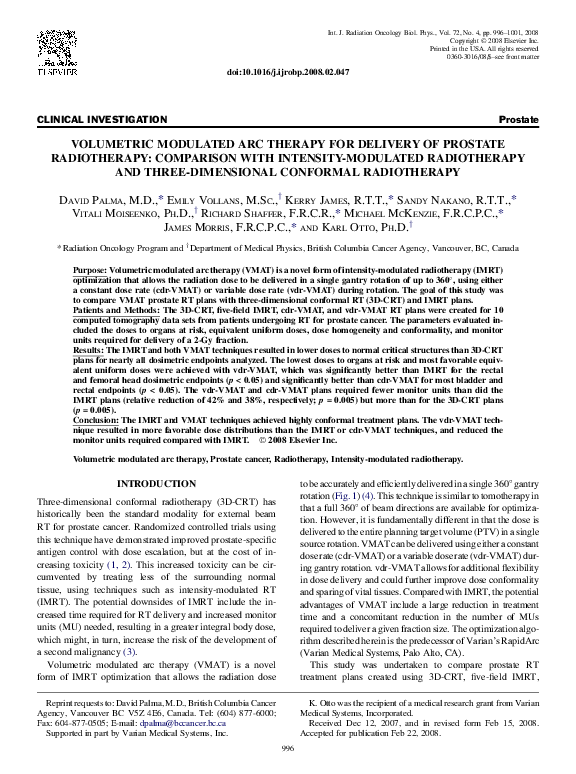 (PDF) Volumetric Modulated Arc Therapy for Delivery of Prostate ...