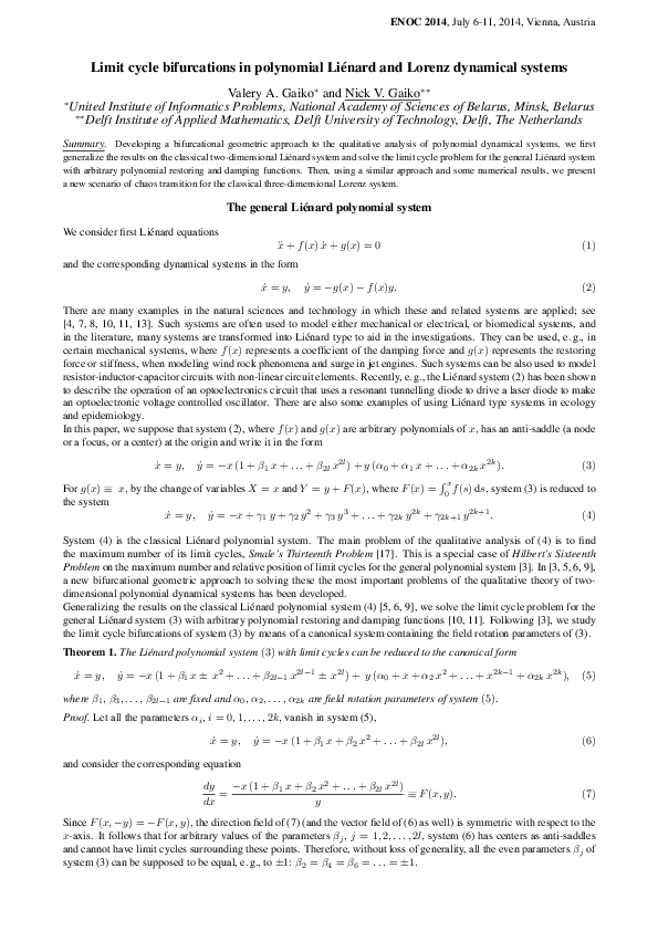 (PDF) Limit cycle bifurcations in polynomial Liénard and Lorenz dynamical systems