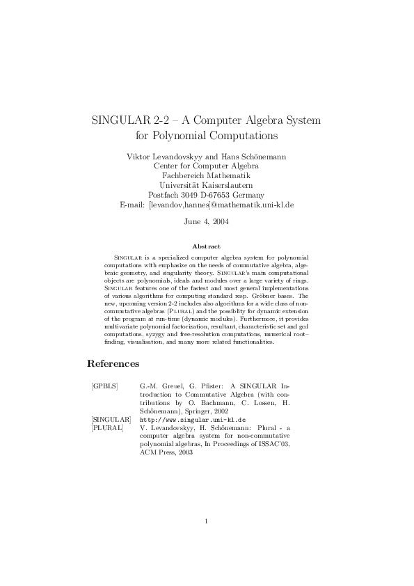 Pdf Singular 2 2 A Computer Algebra System For Polynomial Computations
