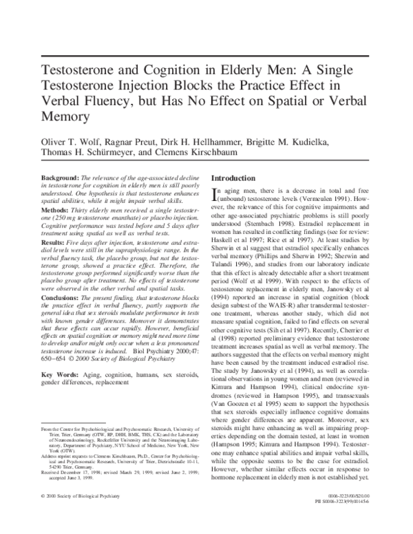 (PDF) Testosterone and cognition in elderly men: a single testosterone ...