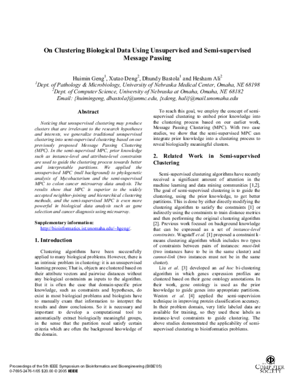 Pdf On Clustering Biological Data Using Unsupervised And Semi Supervised Message Passing
