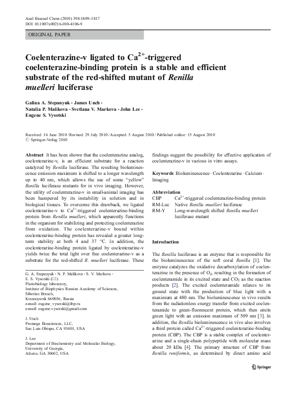 (PDF) Coelenterazine-v ligated to Ca2+-triggered coelenterazine-binding ...