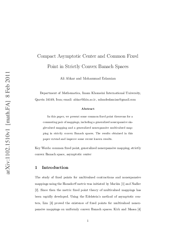 (PDF) Compact asymptotic center and common fixed point in strictly convex Banach spaces
