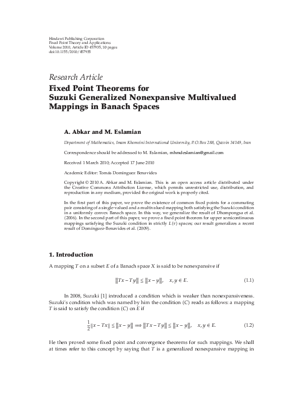 (PDF) Fixed point theory and application