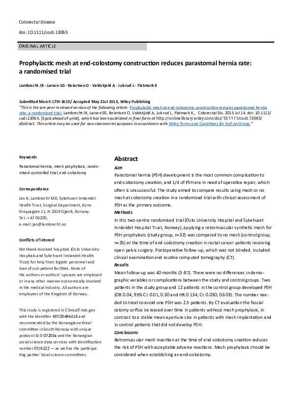 (PDF) Prophylactic mesh at end‐colostomy construction reduces ...