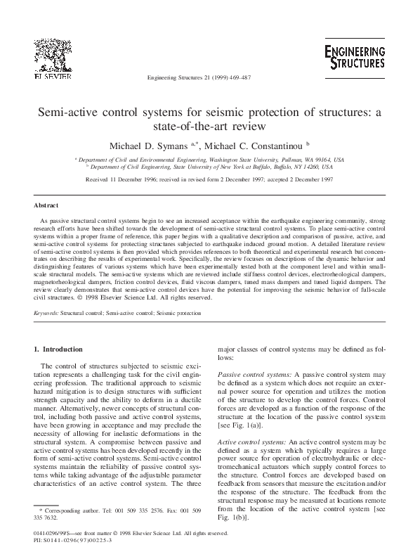 (PDF) Semi-active control systems for seismic protection of structures ...