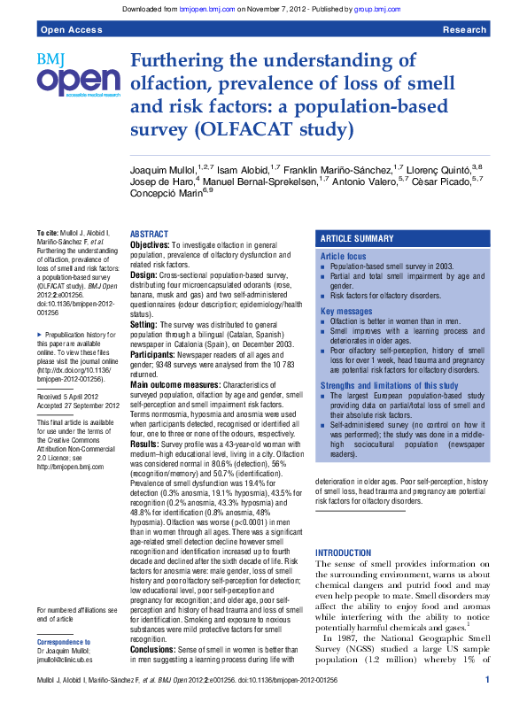 (PDF) Furthering the understanding of olfaction, prevalence of loss of ...