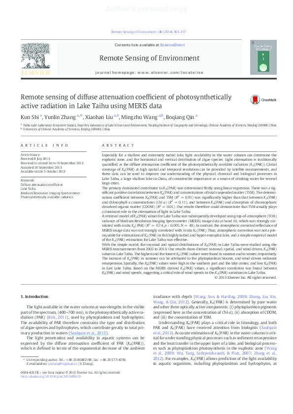 (PDF) Remote sensing of diffuse attenuation coefficient (K490) using IRS-P4 Ocean Colour Monitor ...