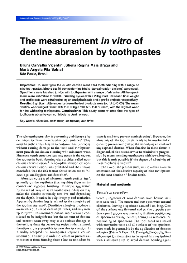 (PDF) The measurement in vitro of dentine abrasion by toothpastes
