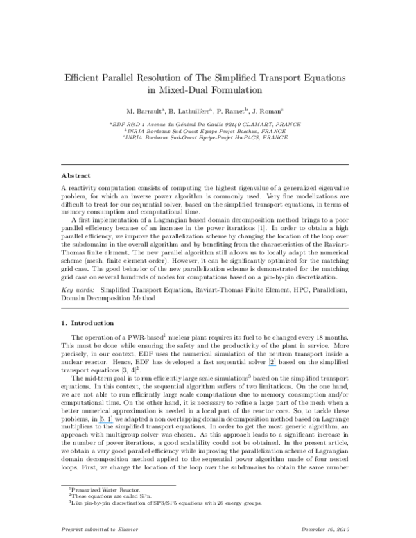 (PDF) Efficient parallel resolution of the simplified transport ...