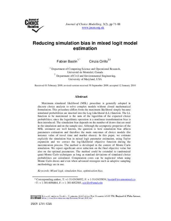 (PDF) Reducing simulation bias in mixed logit model estimation