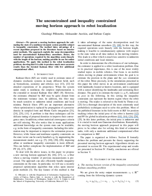 Pdf The Unconstrained And Inequality Constrained Moving Horizon Approach To Robot Localization