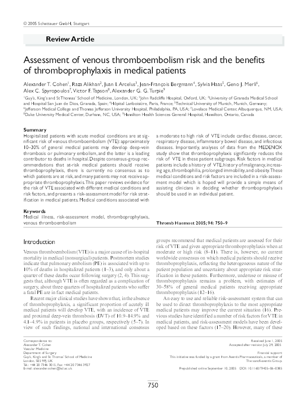 (PDF) Assessment of venous thromboembolism risk and the benefits of thromboprophylaxis in ...