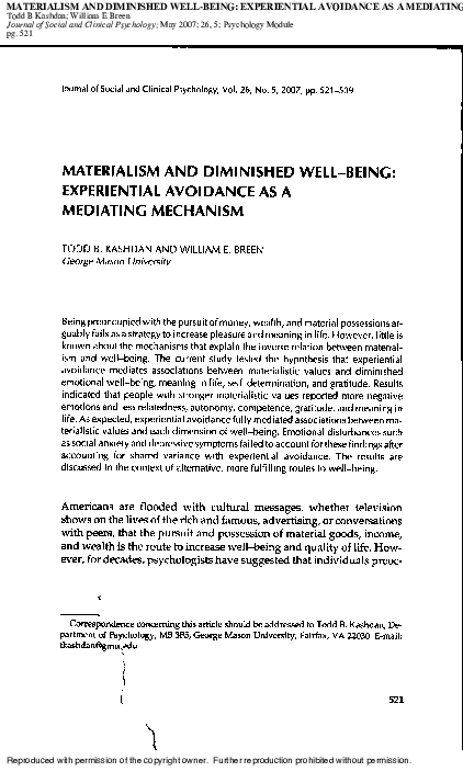 (PDF) Materialism and Diminished Well?Being: Experiential Avoidance as ...