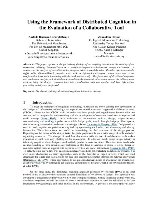 (PDF) Using the Framework of Distributed Cognition in the Evaluation of a Collaborative Tool