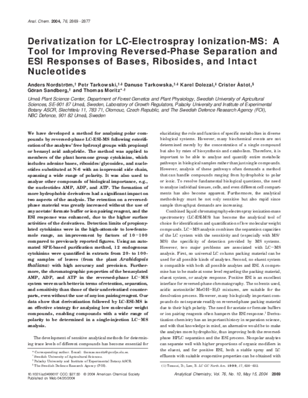 Pdf Derivatization For Lc Electrospray Ionization Ms A Tool For Improving Reversed Phase