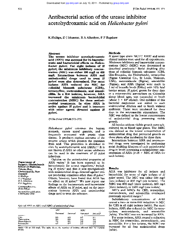 (PDF) Antibacterial action of the urease inhibitor acetohydroxamic acid ...