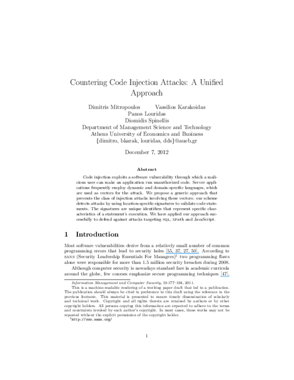 Pdf Countering Code Injection Attacks A Unified Approach