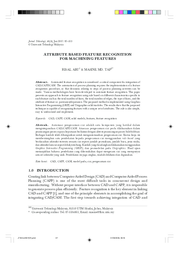 Pdf Attribute Based Feature Recognition For Machining Features