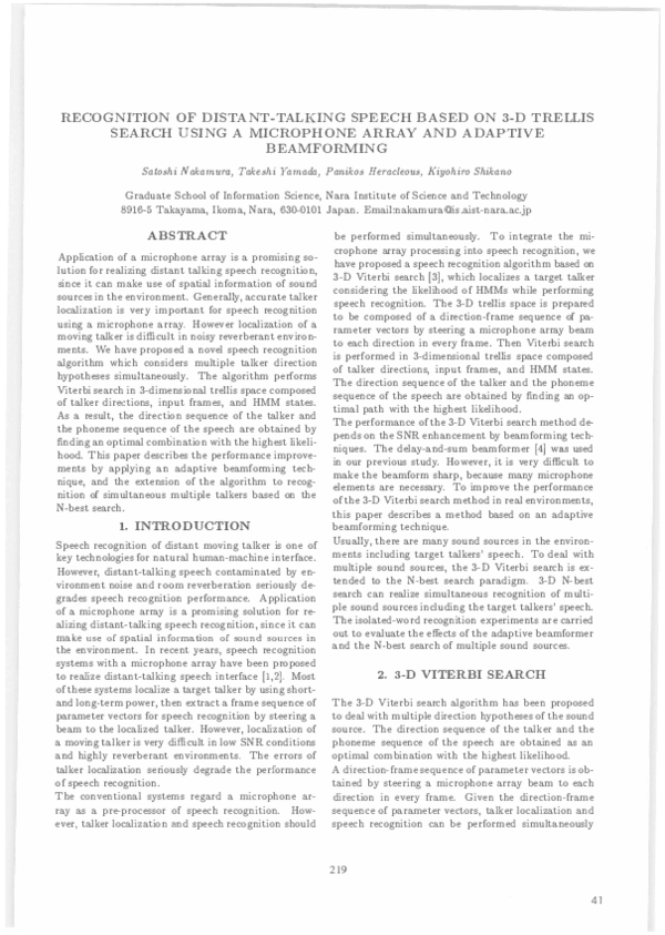 Pdf Recognition Of Distant Talking Speech Based On 3 D Trellis Search Using A Microphone Array