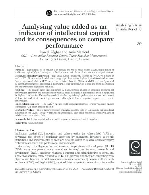 (PDF) Value Added Intellectual Coefficient (VAIC™) as a Tool of Performance Measurement ...