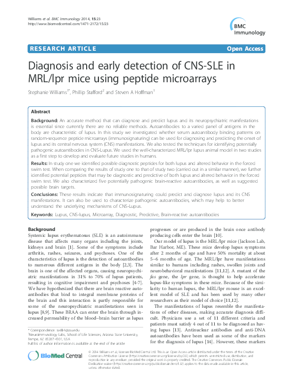 (PDF) Diagnosis and early detection of CNS-SLE in MRL/lpr mice using peptide microarrays