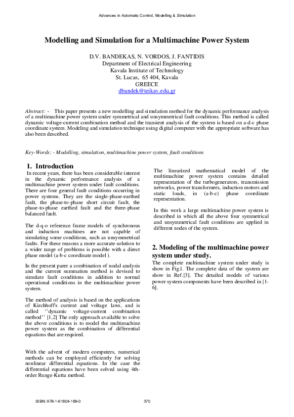 Pdf Modelling And Simulation For A Multimachine Power System