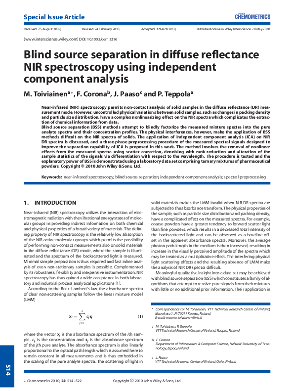 Pdf Blind Source Separation In Diffuse Reflectance Nir Spectroscopy Using Independent