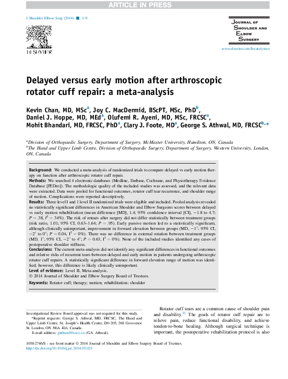 (PDF) Delayed versus early motion after arthroscopic rotator cuff repair: a meta-analysis