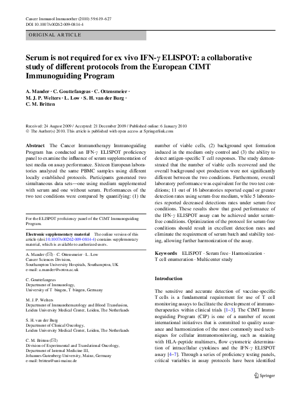 (PDF) Serum is not required for ex vivo IFN-γ ELISPOT: a collaborative ...